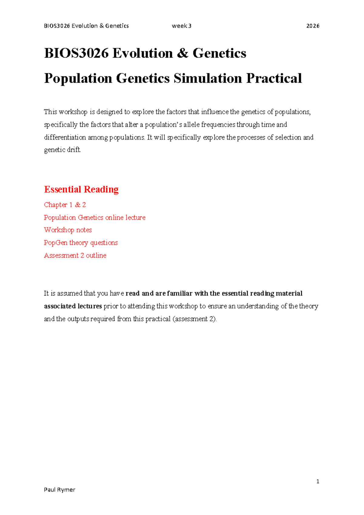 BIOS3026 Evolution Genetics Week 3: Population Genetics Simulation ...