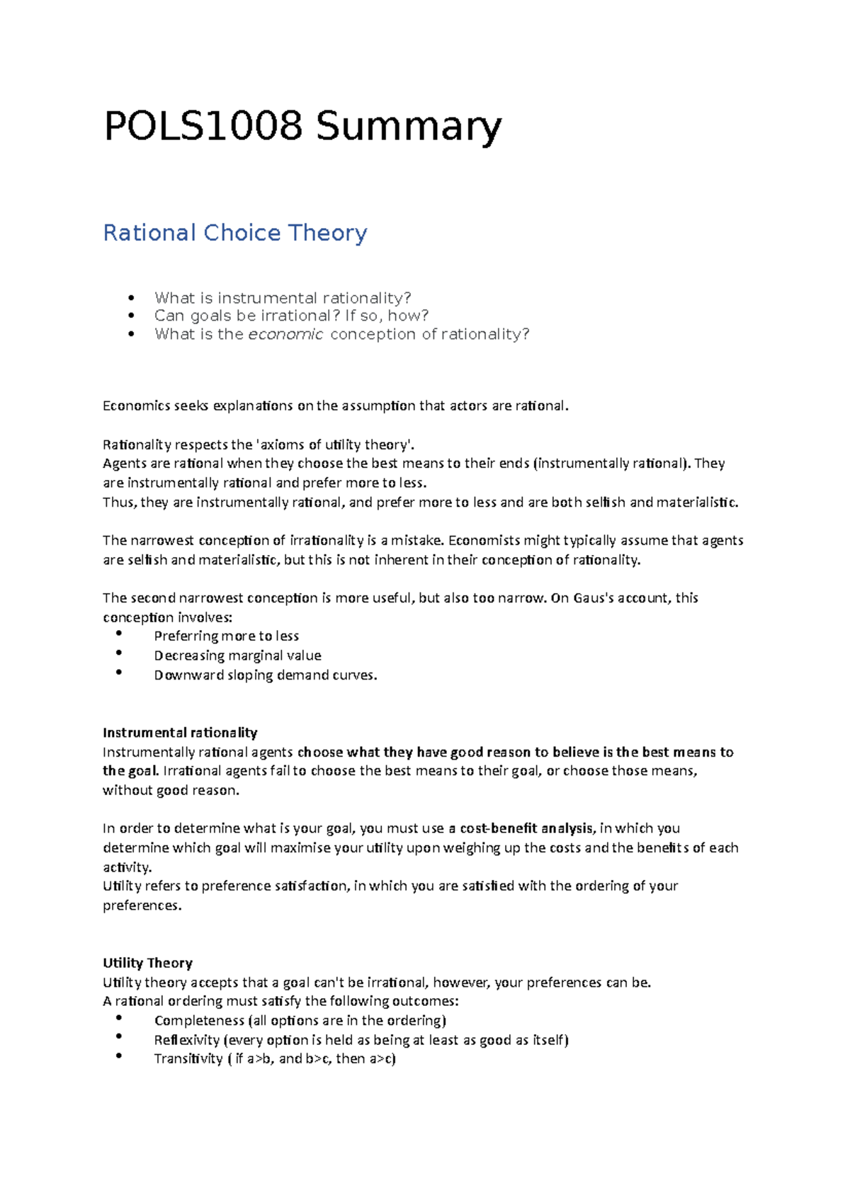 POLS1008 Summary - POLS1008 Summary Rational Choice Theory What is ...