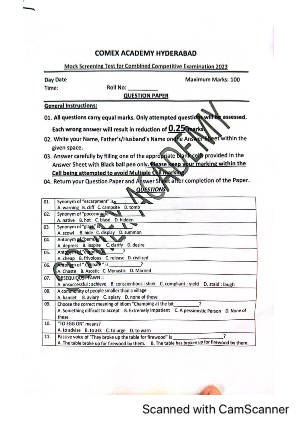 COMEX 2023 Mock Screening Test for Combined Competitive Exam - Studocu
