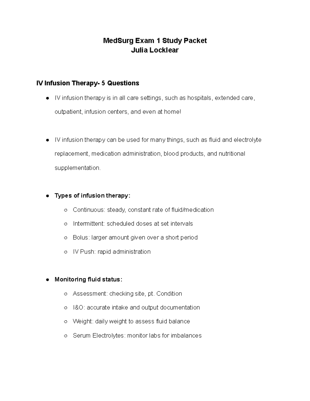 MedSurg 101: Exam 1 Study Packet on IV Infusion & Electrolyte ...