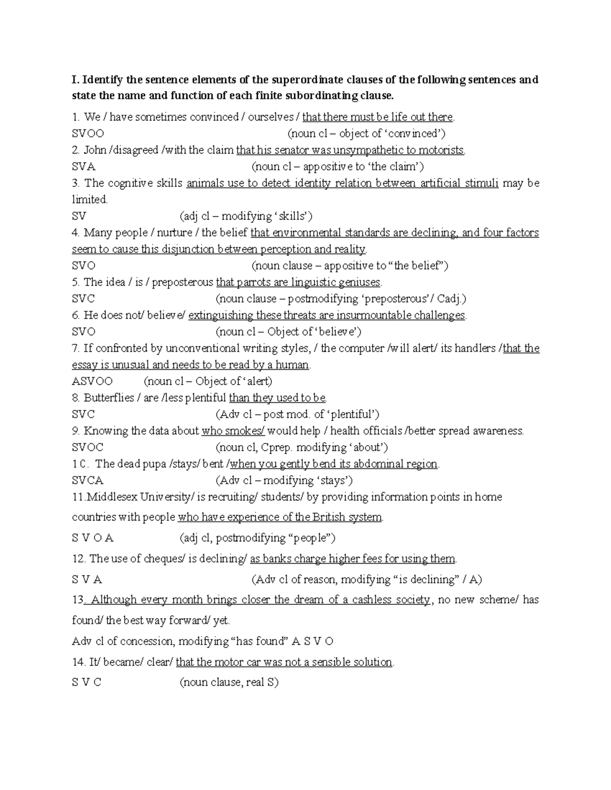 Key ôn tập CK - Sentence Elements and Clause Functions Analysis - Studocu