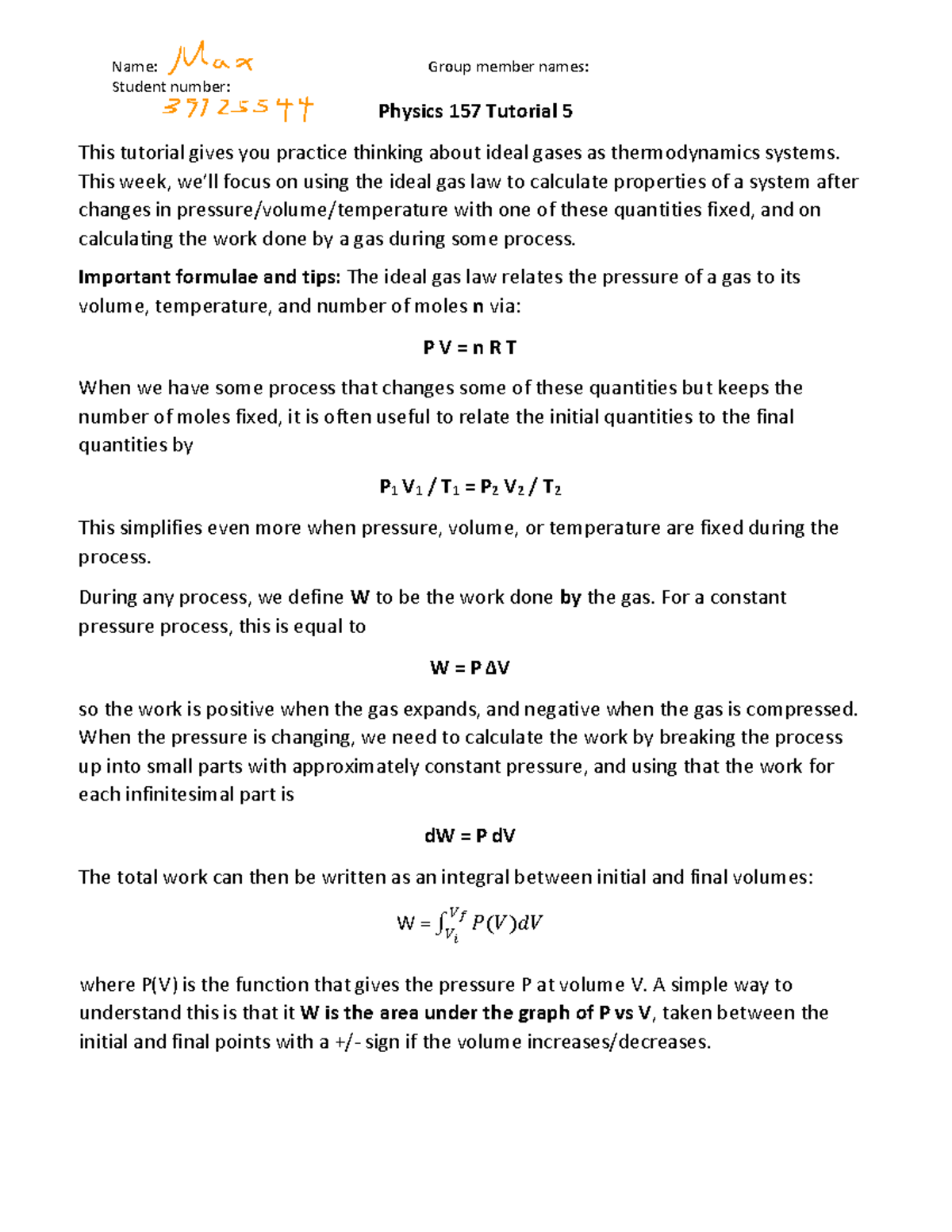Physics 157 Tutorial 5: Ideal Gases and Thermodynamics Systems - Studocu