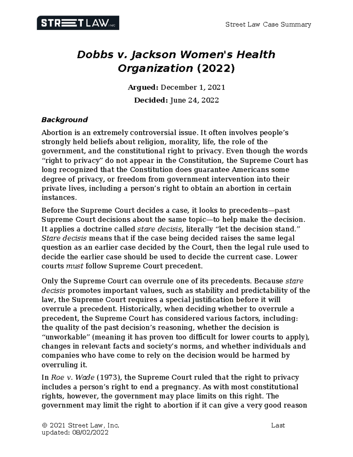 Dobbs v. Jackson Women's Health: Case Summary and Analysis - Studocu