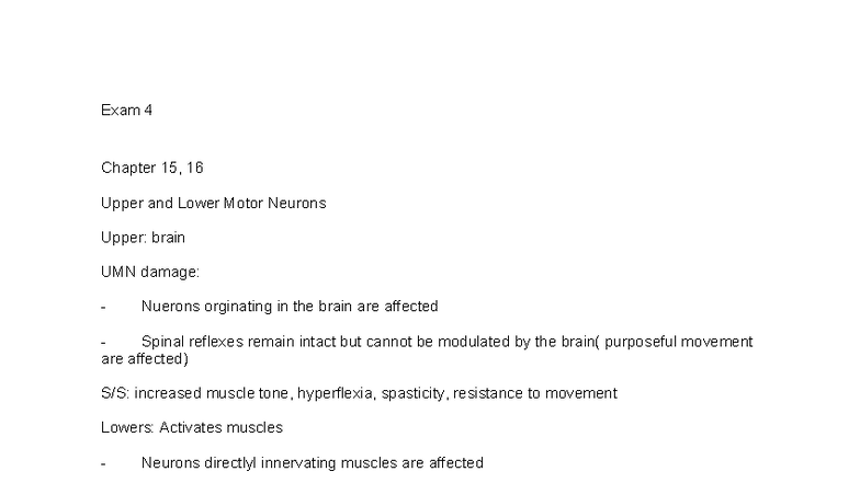 Exam 4 Study Guide: Upper & Lower Motor Neurons Overview - Studocu