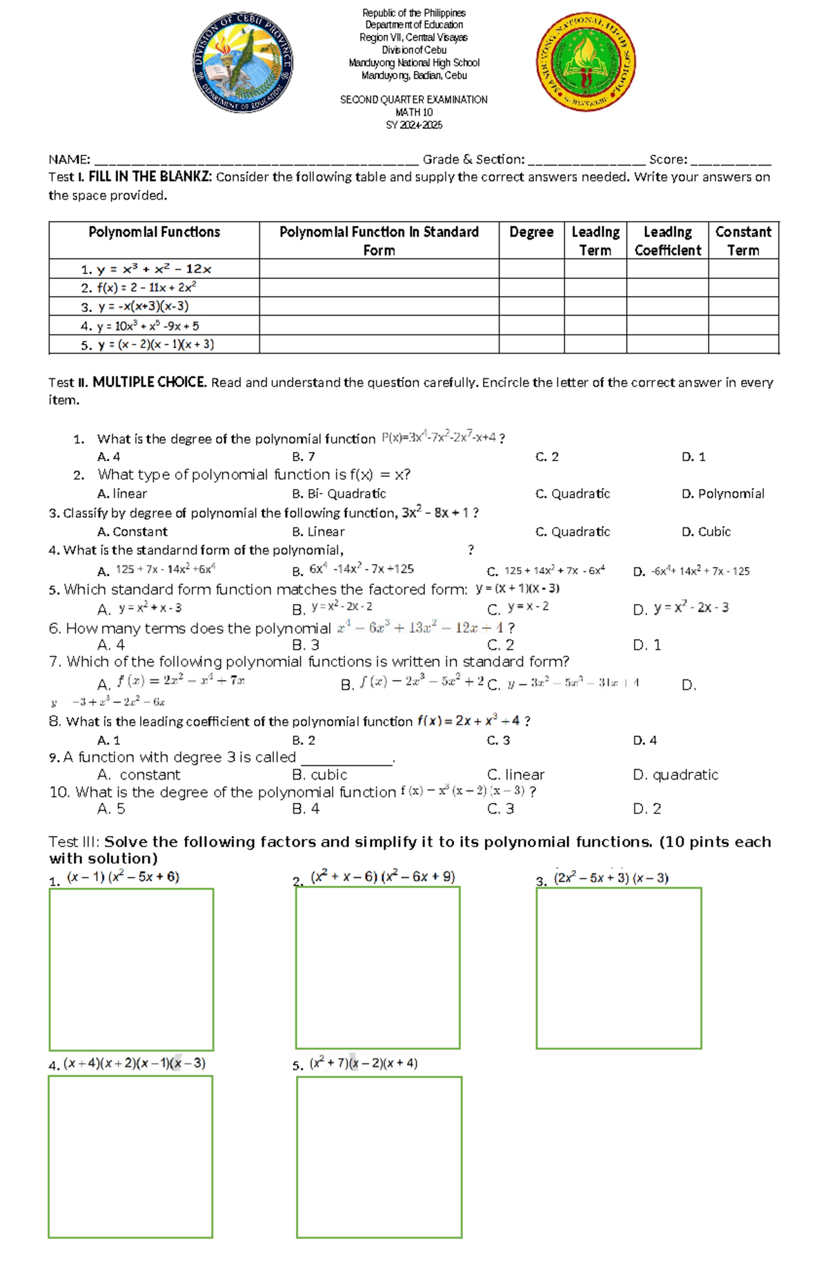 Math 10 - Sample Questionnaire for Second Quarter Exam - Studocu