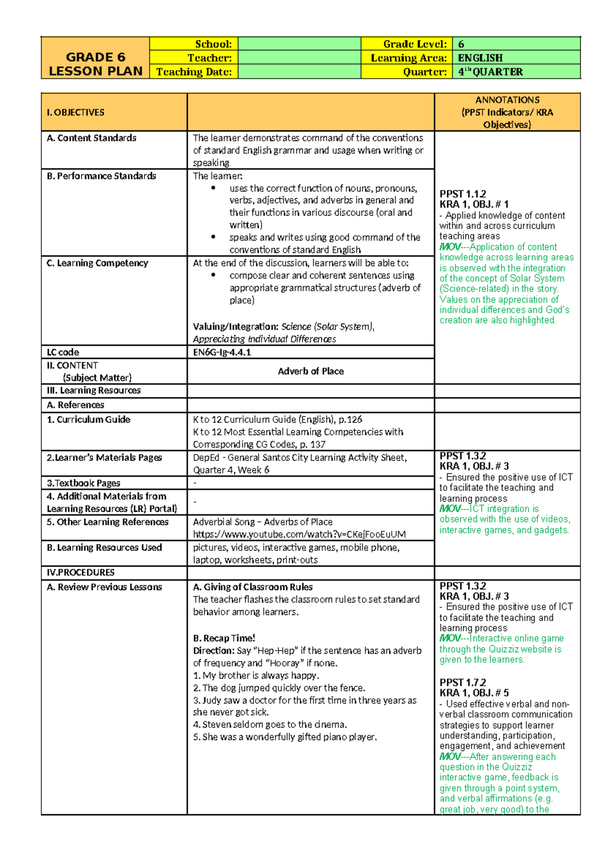 GRADE 6 ENGLISH LESSON PLAN: ADVERBS OF PLACE (4TH QUARTER) - Studocu
