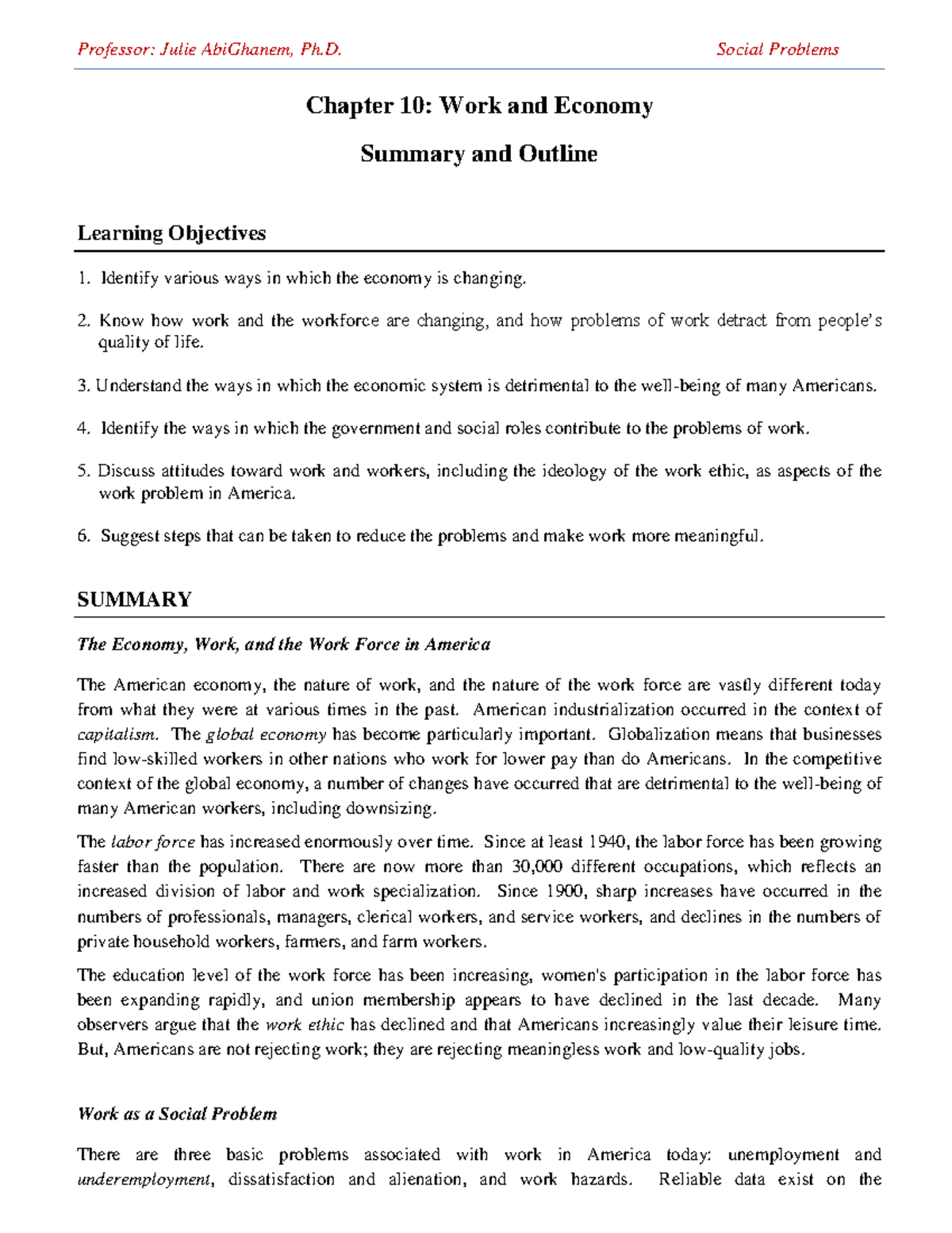 Social Problems (SOC 101) - Chapter 10: Work and Economy Overview ...
