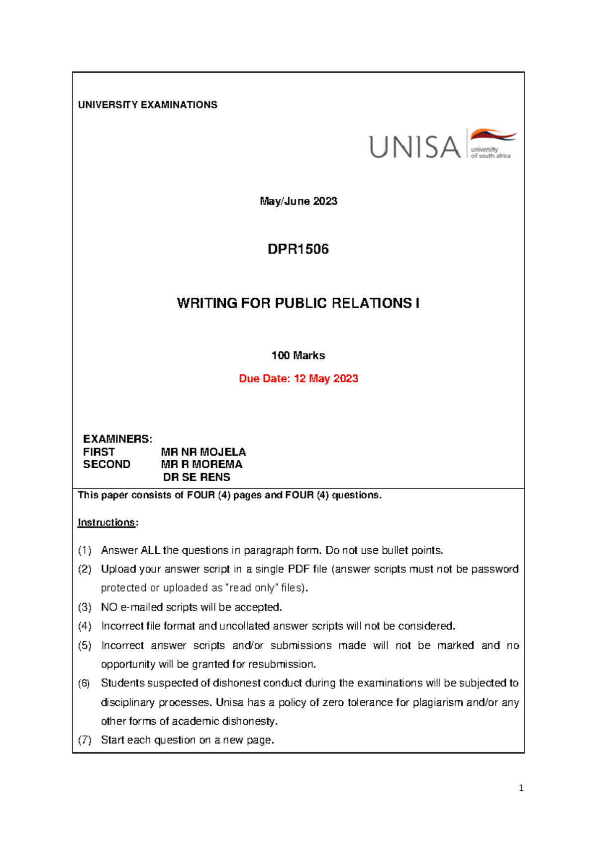 DPR1506 Final Exam: Portfolio Examination for Public Relations Writing ...