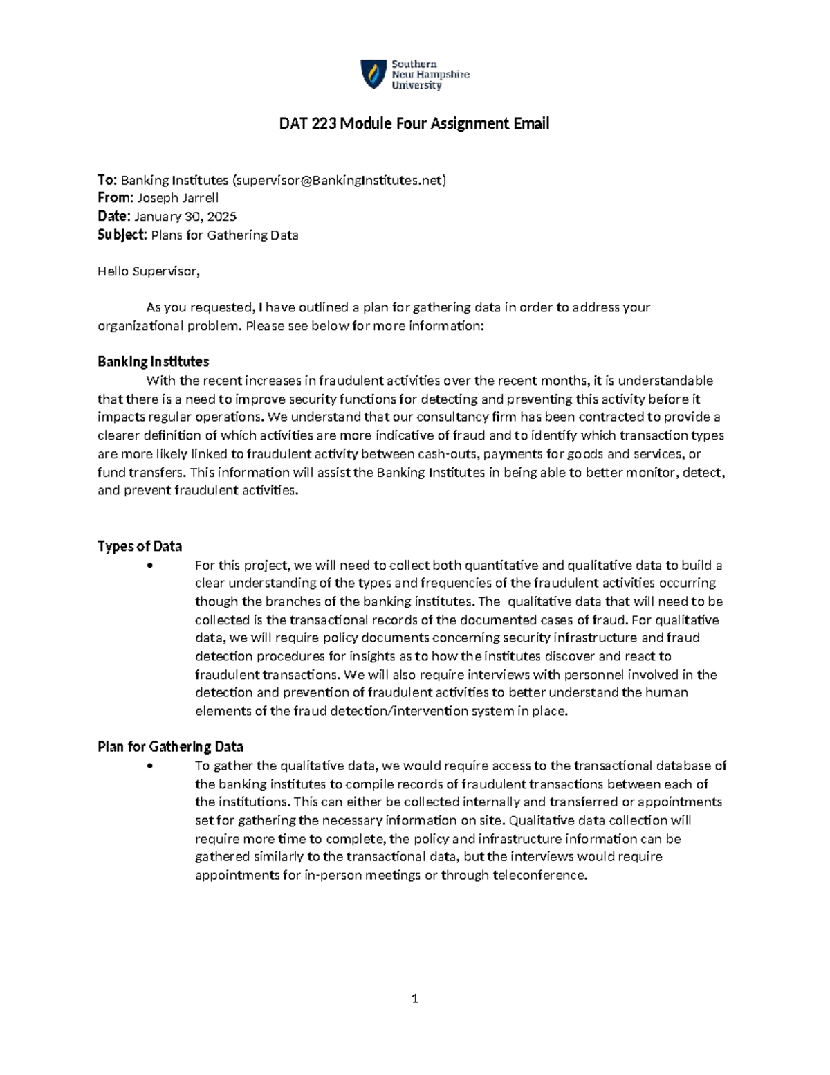 DAT 223 Module Four Assignment Email - Please see below for more ...