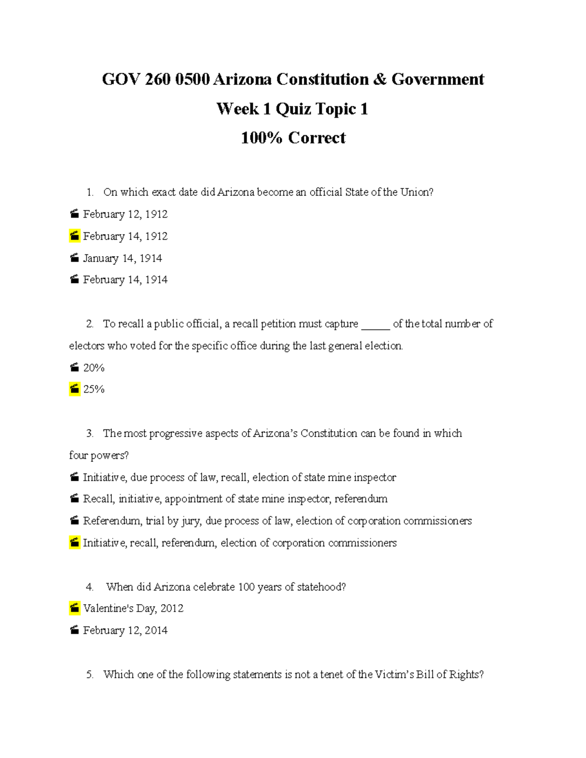 GOV 260 0500 Arizona Constitution Quiz: 8 Essential Questions - Studocu