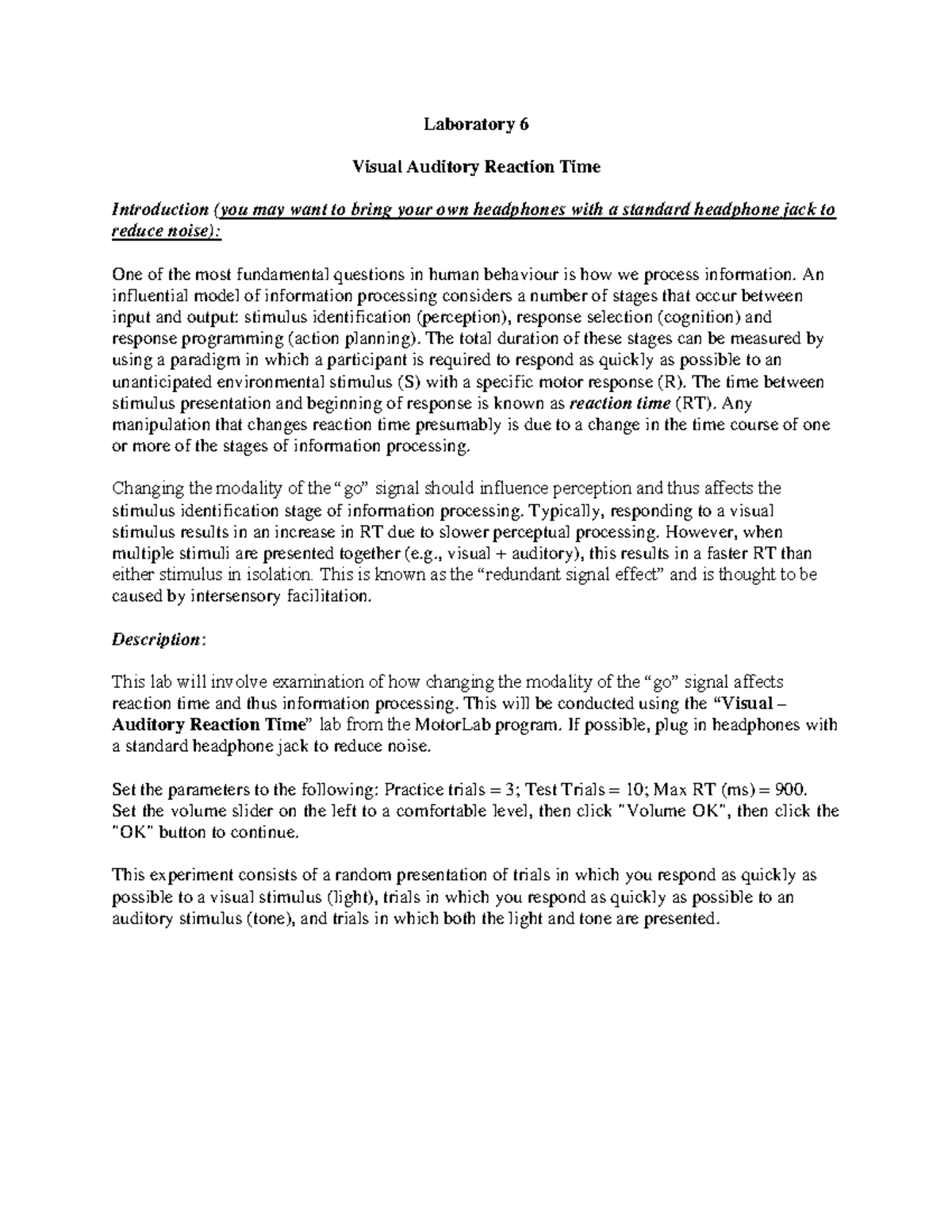 Laboratory 6: Visual and Auditory Reaction Time Study Instructions ...