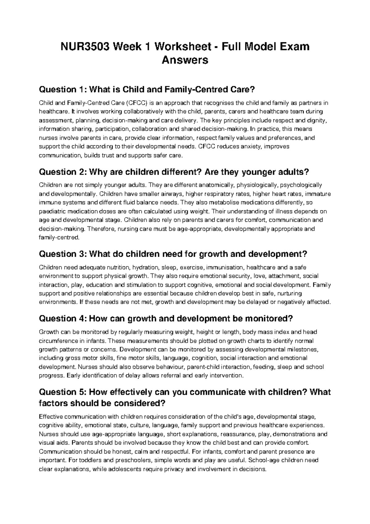 NUR3503 Week 1 Worksheet Model Exam Answers on Child and Care - Studocu