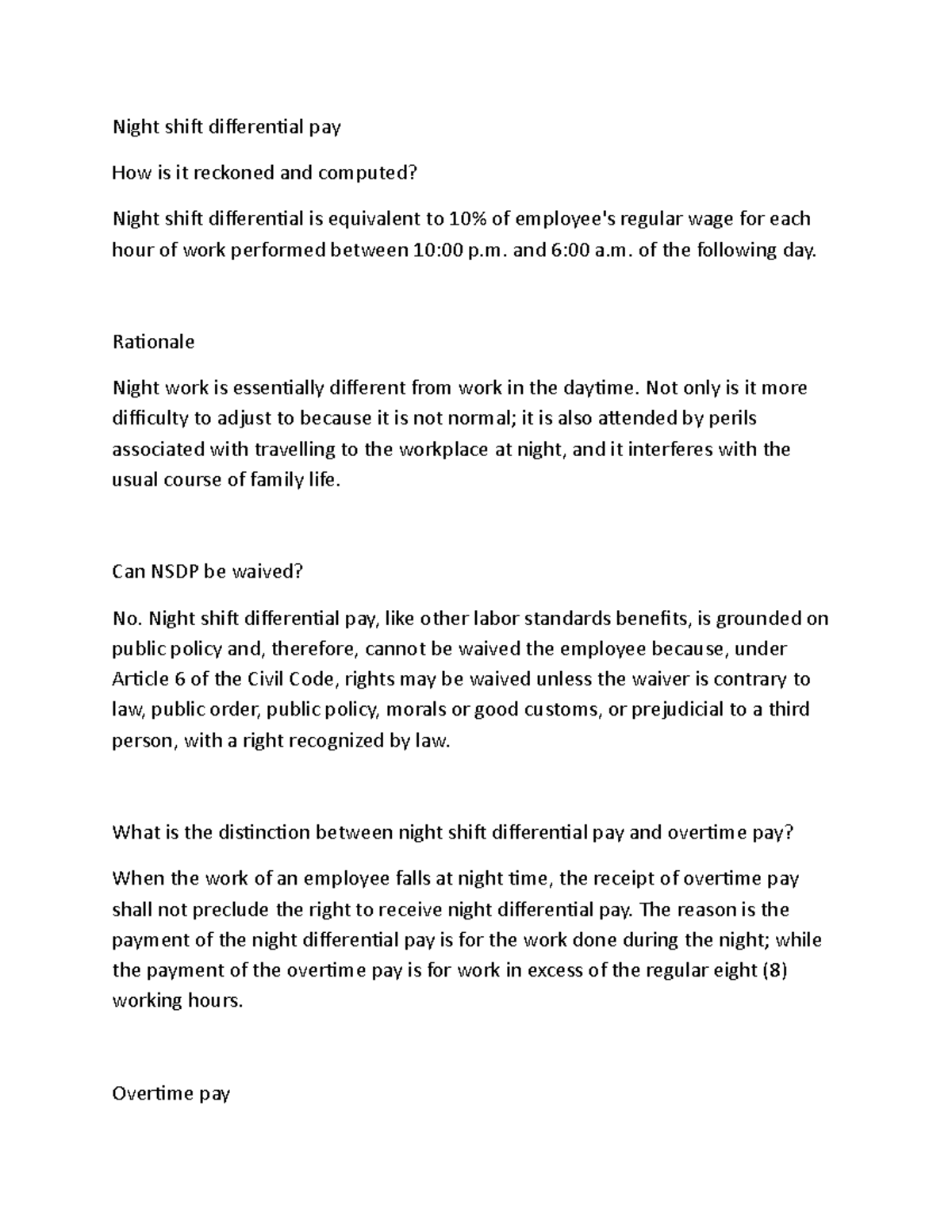 Labor relations 1 - Notes - Night shift differential pay How is it ...