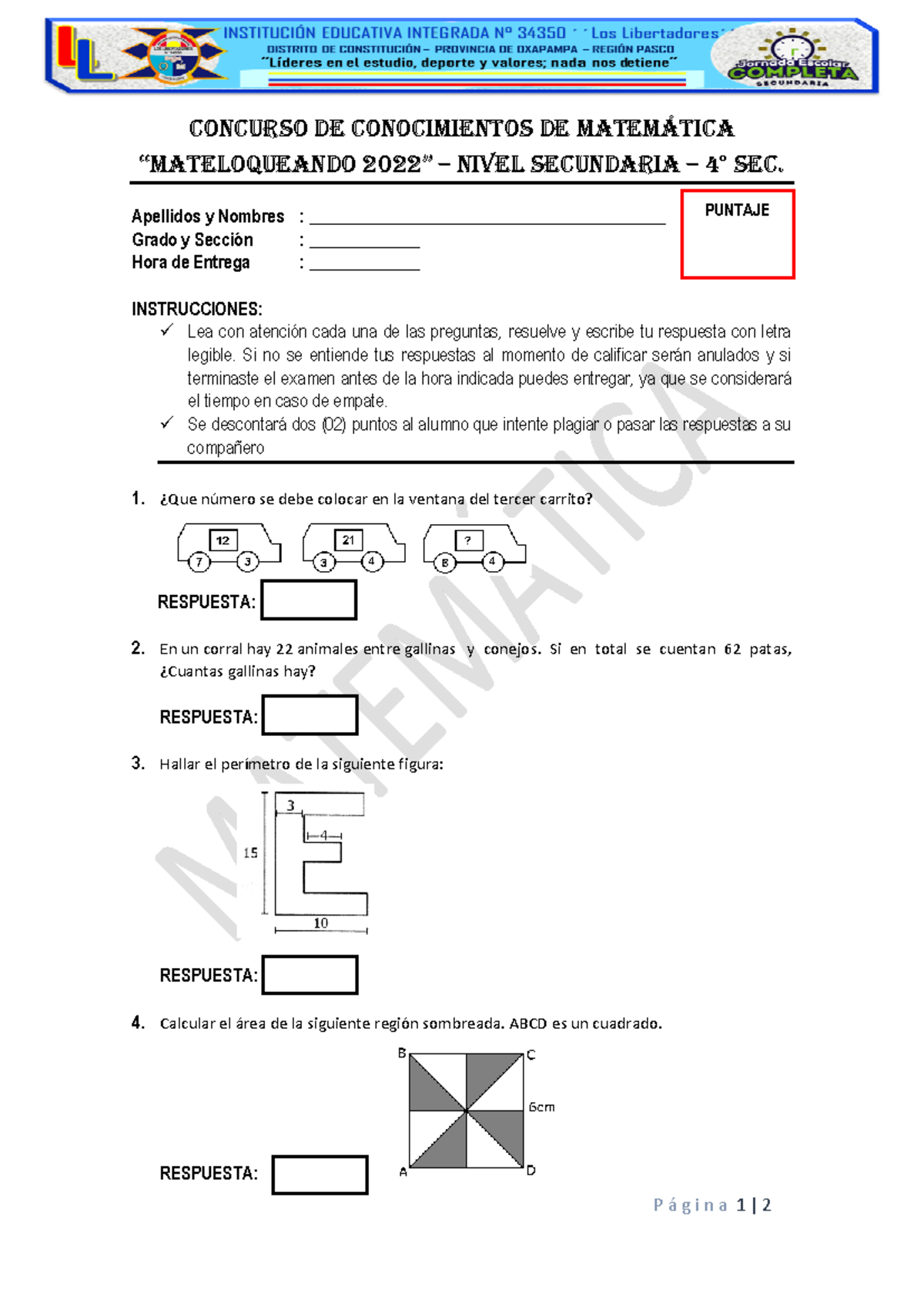 Examen 4° Secundaria Corregido - 1 - P · g i n a 1 | 2 CONCURSO DE CONOCIMIENTOS DE MATEM¡TICA ...