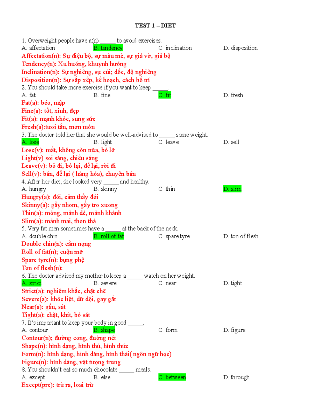 TEST 1 - DIET Vocabulary Questions & Answers Overview - Studocu