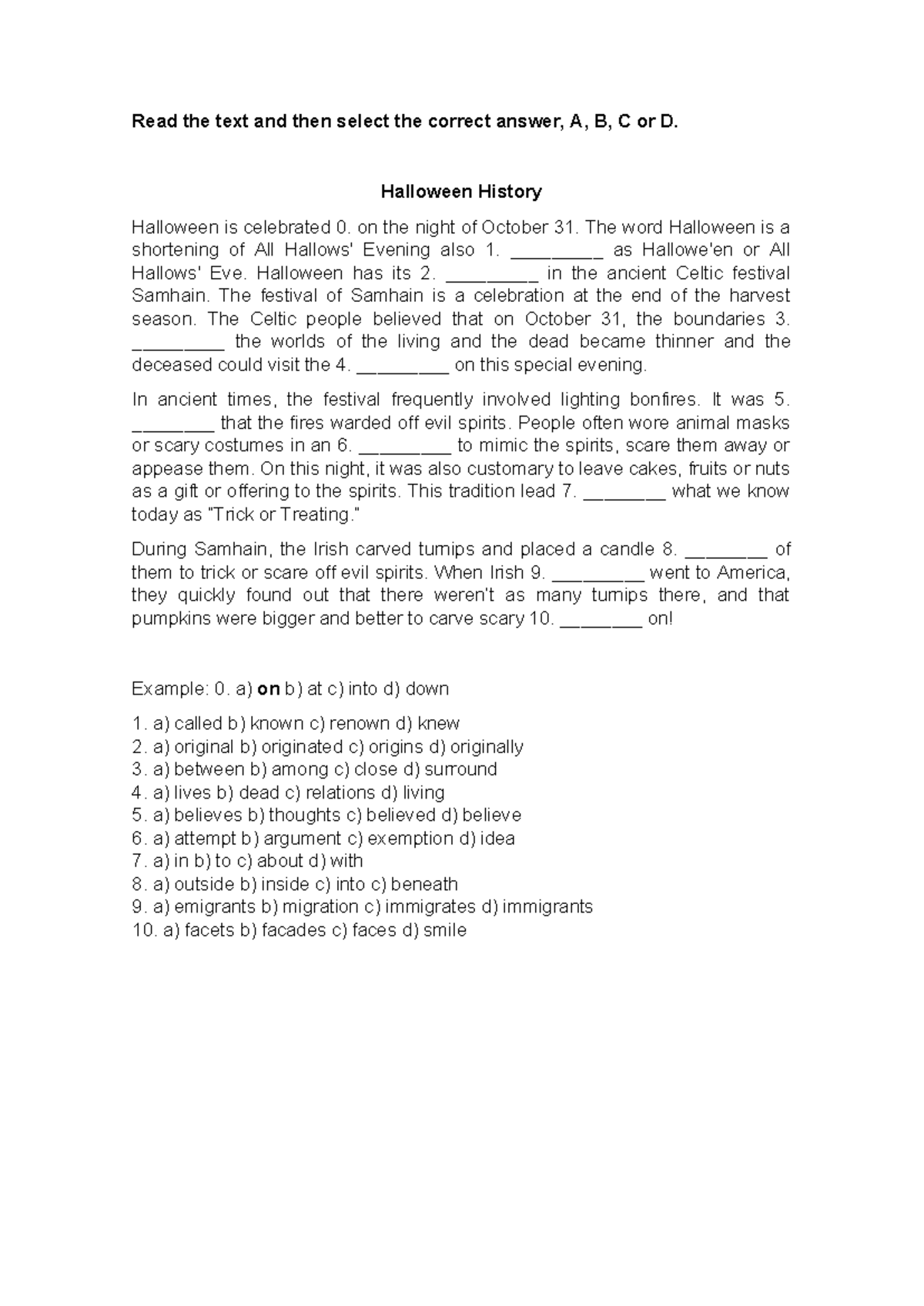 Halloween History - qeqee - Read the text and then select the correct ...