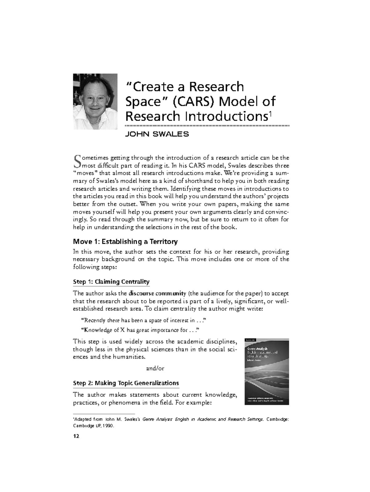 CARS Model of Research Introductions - Insights from John Swales - Studocu