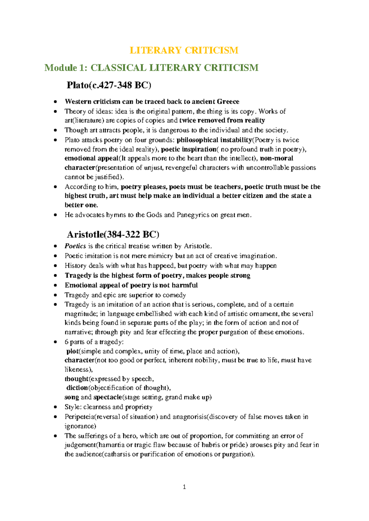LITERARY CRITICISM Module 1: Classical to 20th Century Insights - Studocu
