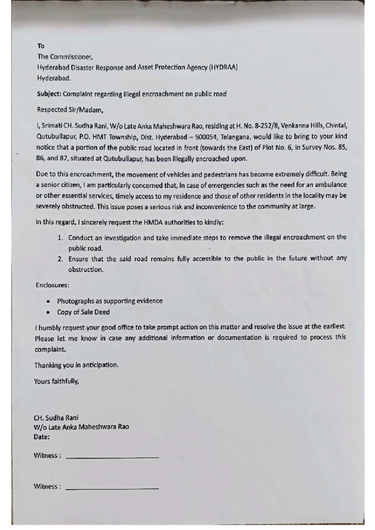 Complaint Letter Regarding Illegal Encroachment on Public Road - Studocu