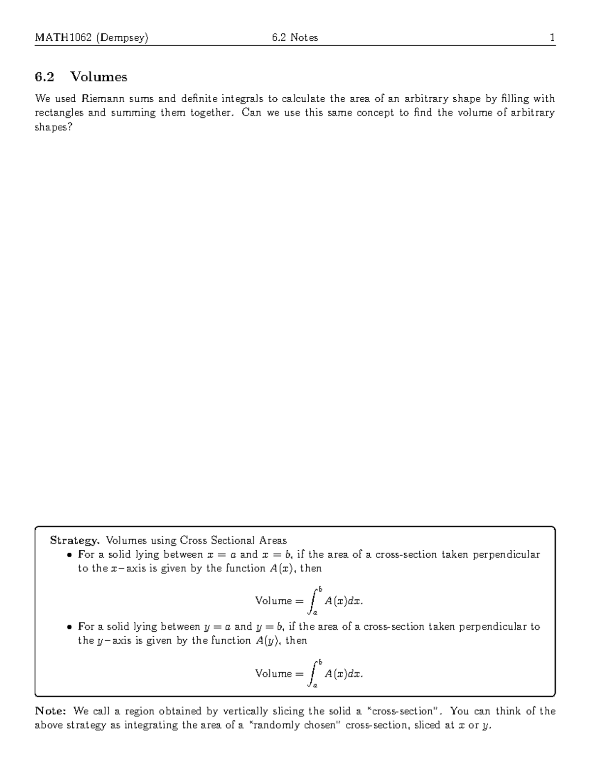 MATH1062 (Dempsey) 6.2 Notes on Volumes and Cross Sections - Studocu