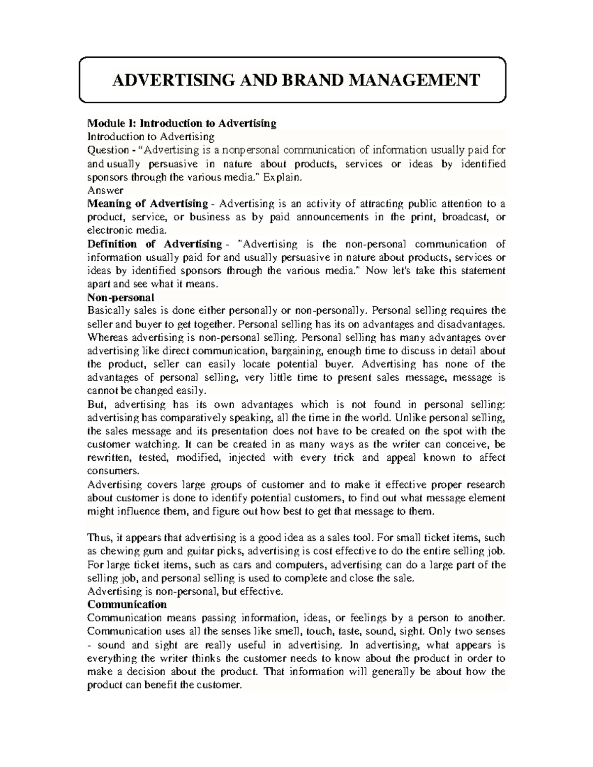Advertising & Brand Management Notes 3202: Module I Overview - Studocu