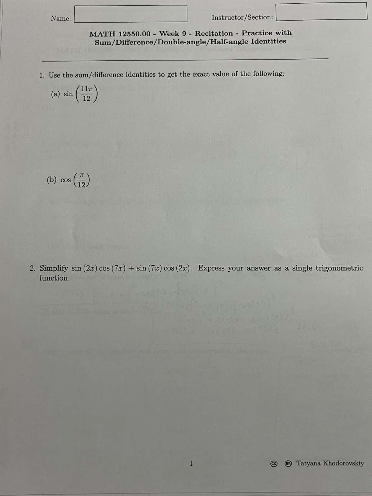 MATH 12550 Week 9 Recitation Practice and Trig Identities Solutions ...