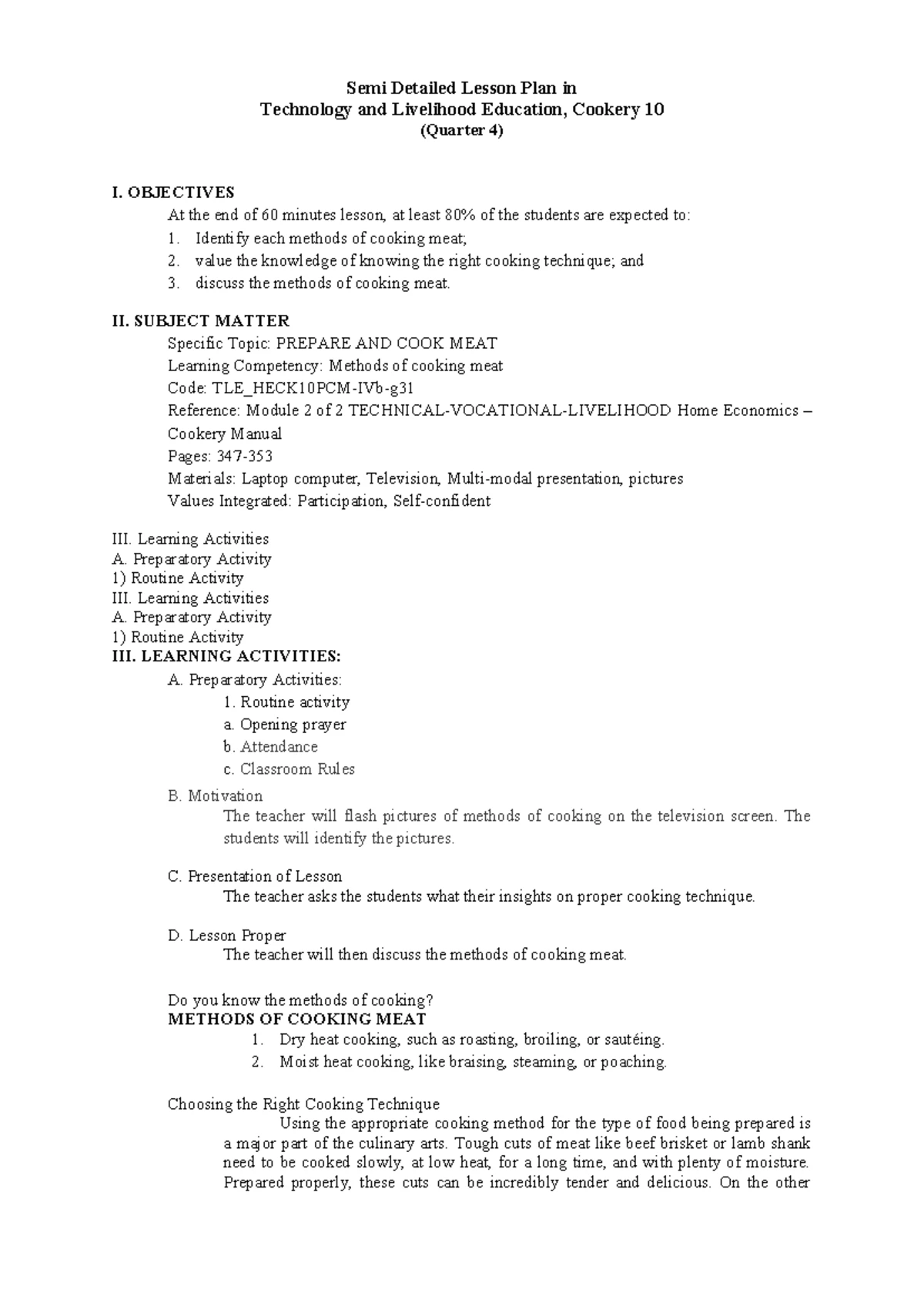 TLE_HECK10 Final Exam: Lesson Plan on Cooking Methods for Meat - Studocu