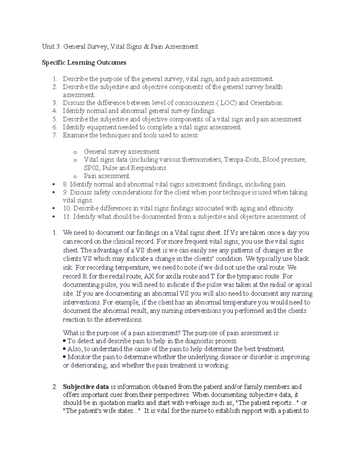 Unit 3 - Key Points on Health Assessment & Vital Signs - Studocu