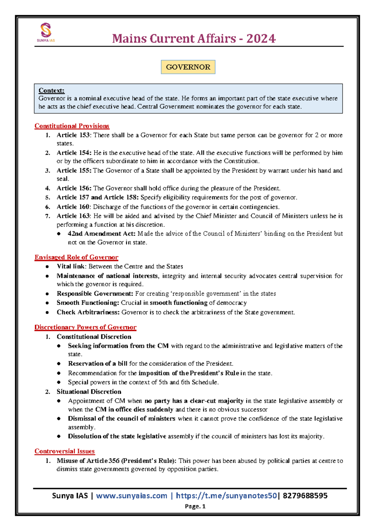 CA'24 - Governor's Role & Discretionary Powers Analysis - Studocu