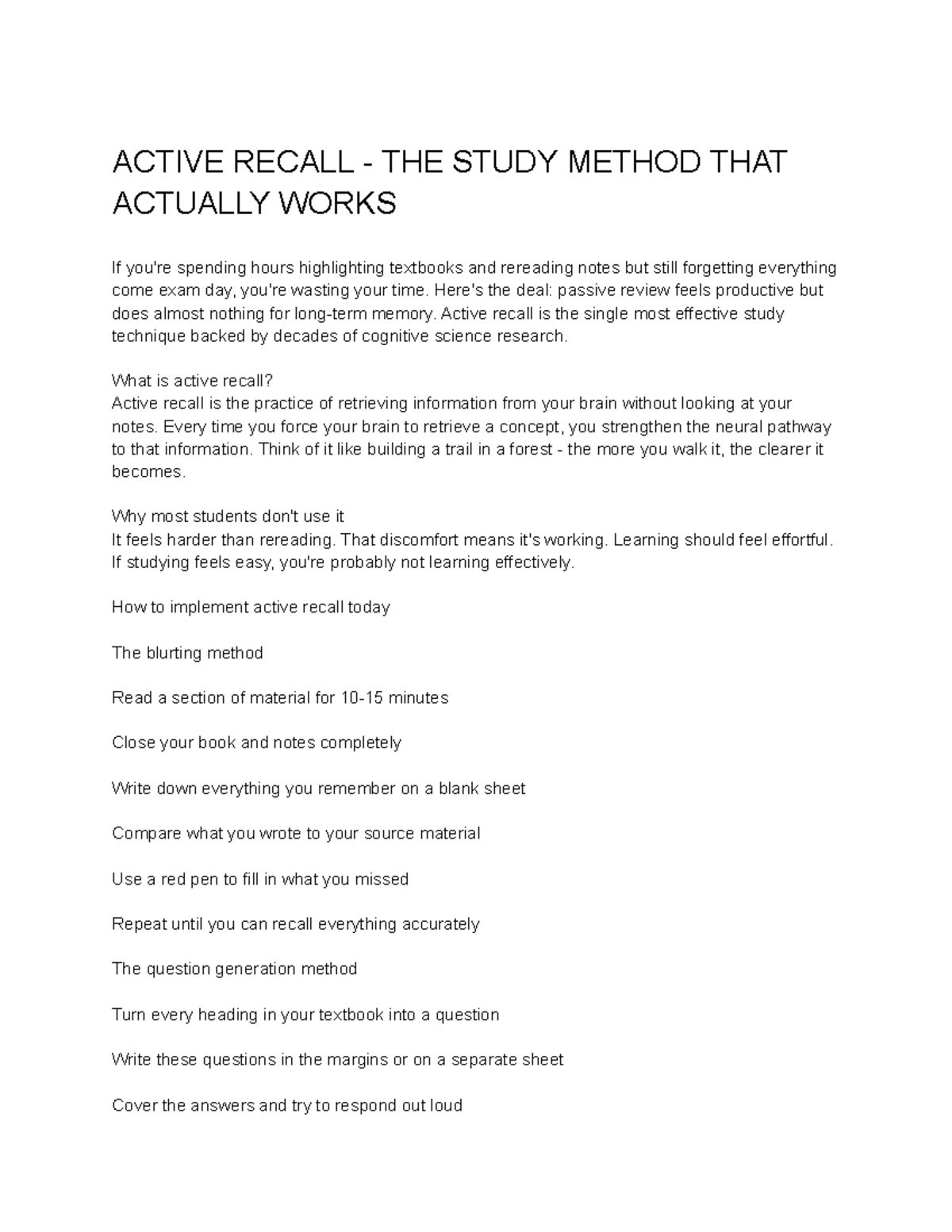 Active Recall - The Effective Study Method for Exams - Studocu