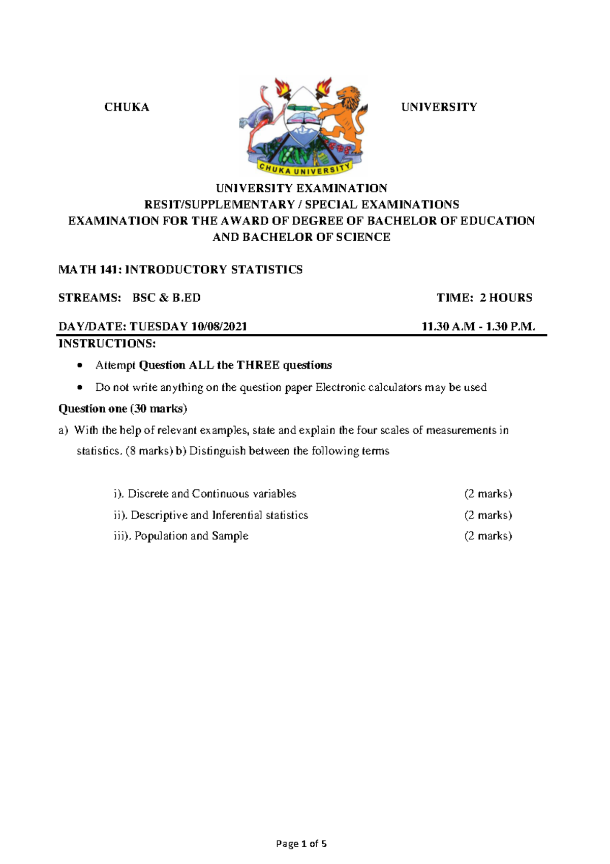 MATH 141: Introductory Statistics - Special Exam Notes - Studocu