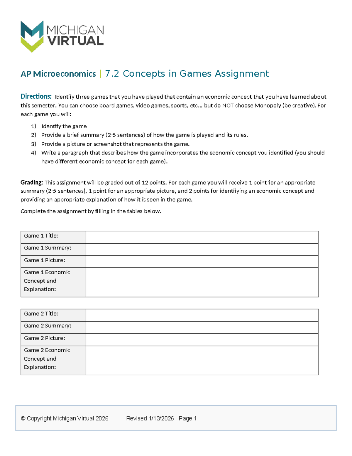 AP Microeconomics 7.2 Assignment: Economic Concepts in Games - Studocu