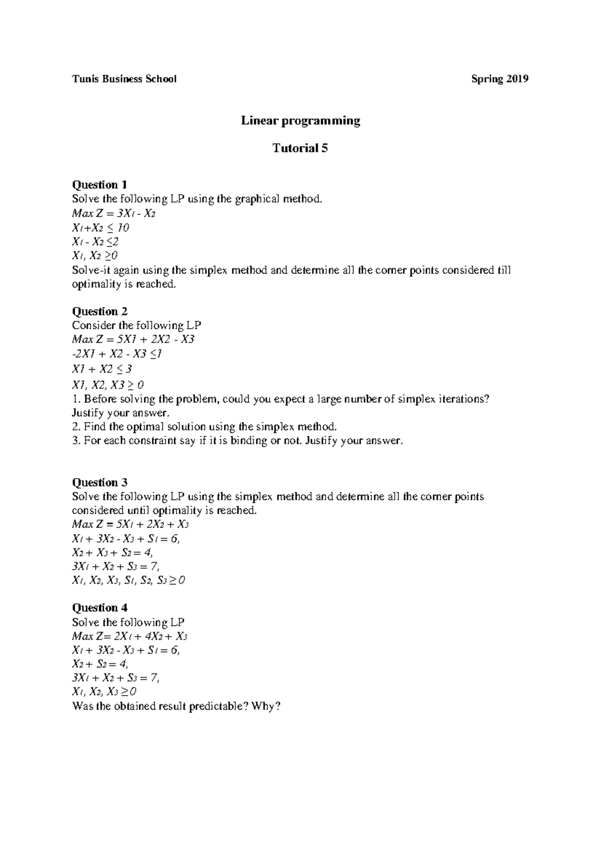 TBS Spring 2019 Linear Programming Tutorial 3: Simplex Method Exercises ...