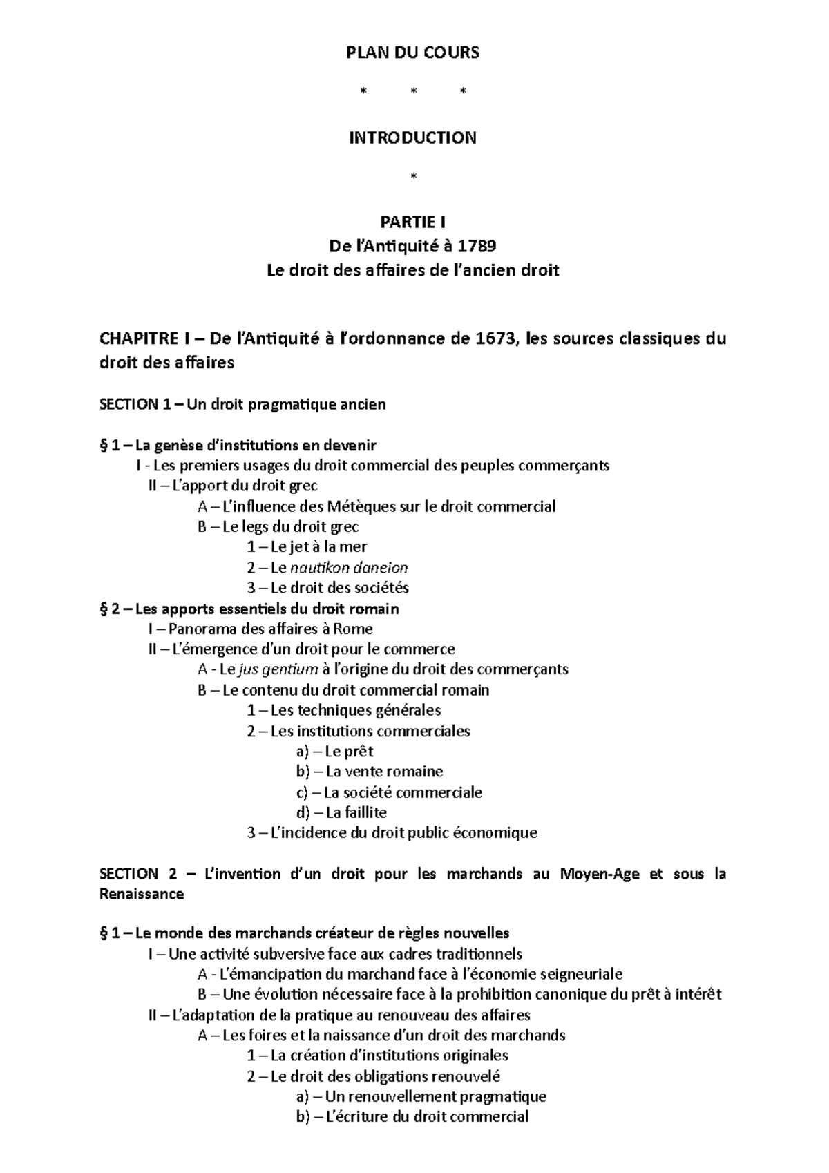 L2 Histoire du droit des Affaires, Plan du cours - PLAN DU COURS ...
