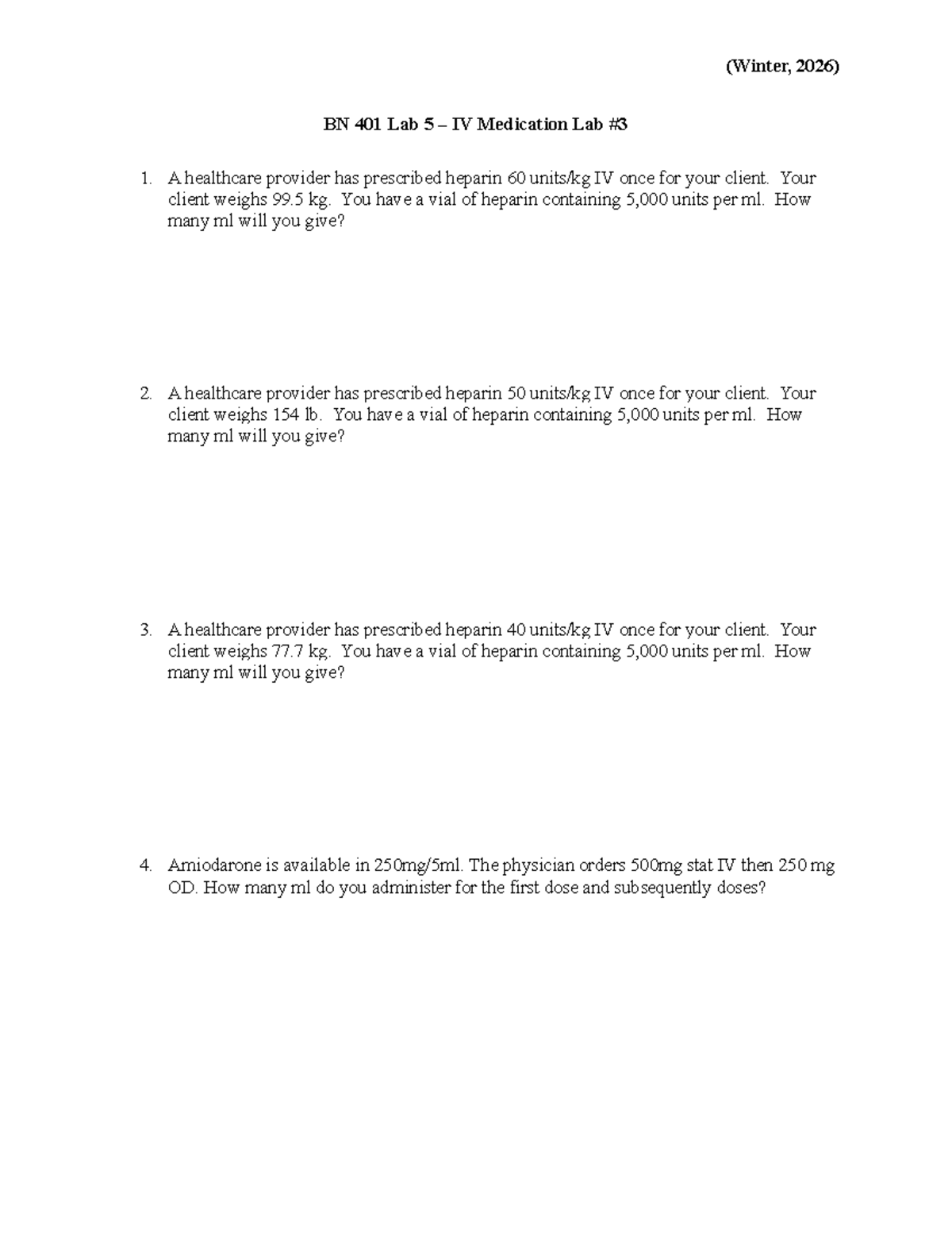 BN 401 Lab 5 – IV Medication Calculations and Dosing - Studocu
