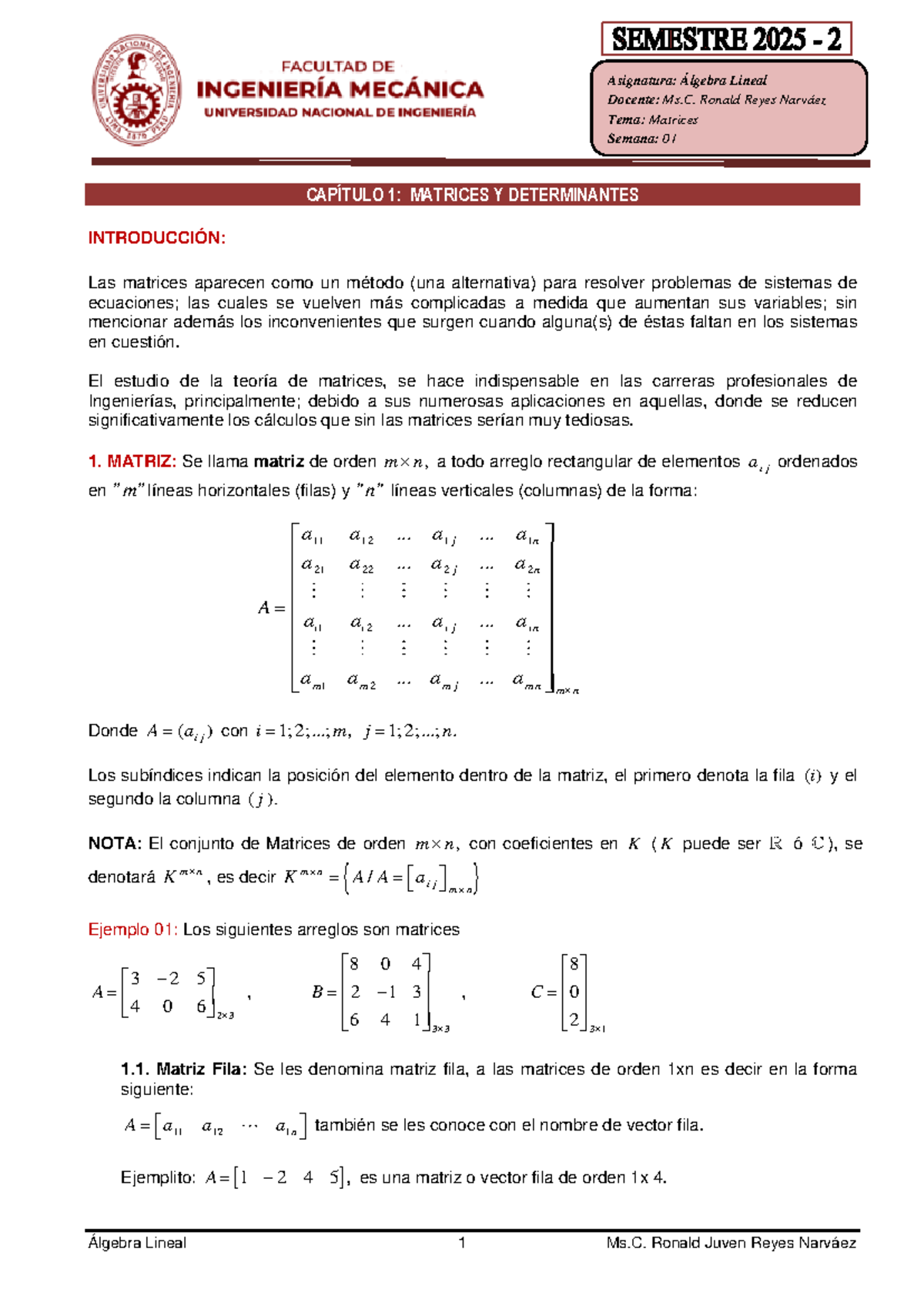 Guía 01: Matrices y Operaciones - Álgebra Lineal 1 - Studocu