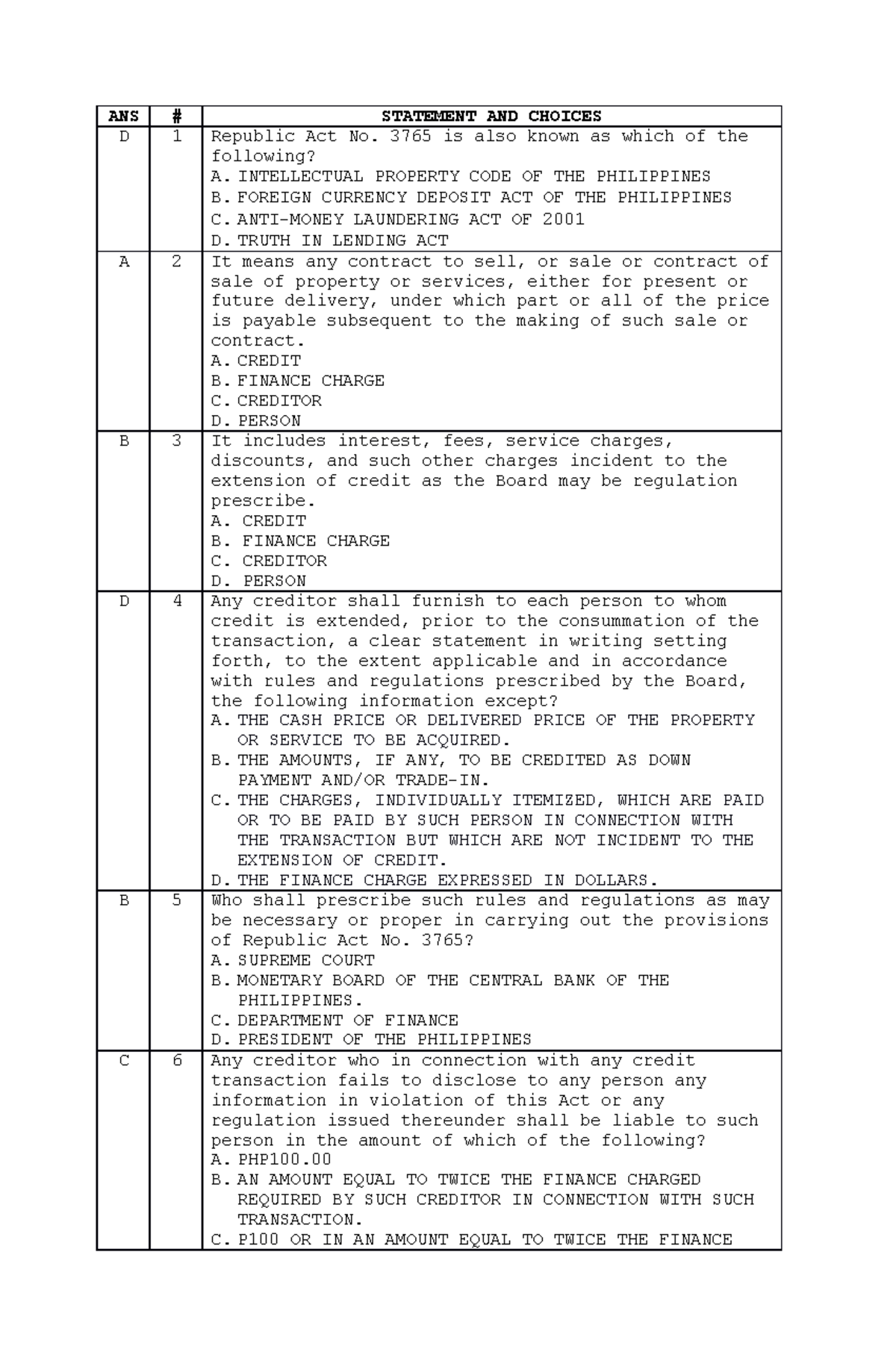 Truth in Lending Act MCQs Guide for Law Students (RA 3765) - Studocu