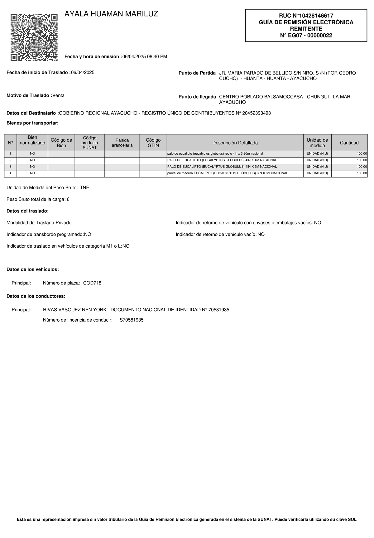 Rollizo balsomoccasa mari - RUC N° GUÍA DE REMISIÓN ELECTRÓNICA ...