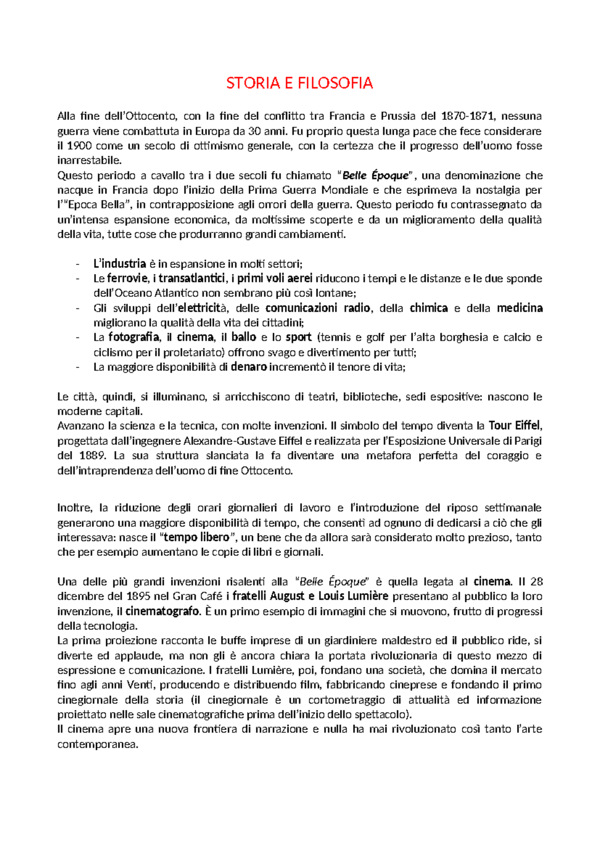 STORIA E FILOSOFIA: La Belle Époque e le sue Innovazioni - Studocu