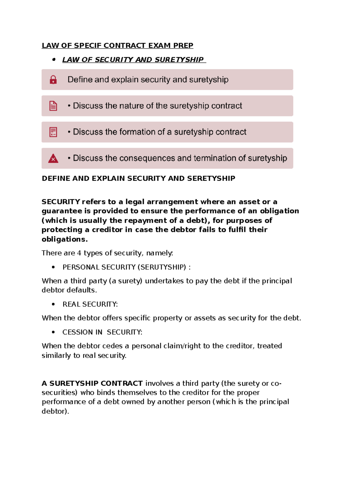 LAW OF SPECIFIC CONTRACT EXAM PREP: SURETYSHIP DEFINED AND EXPLAINED ...