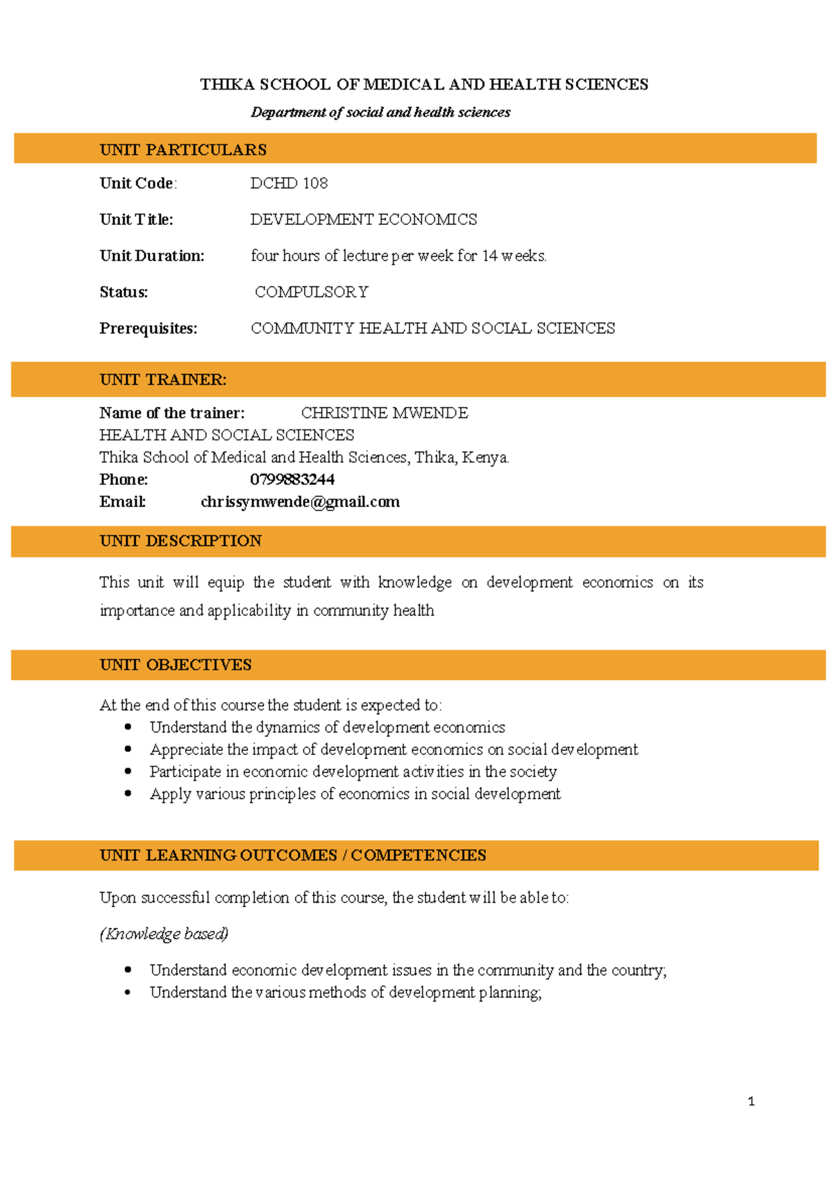 DCHD 108: Development Economics Course Outline and Objectives - Studocu