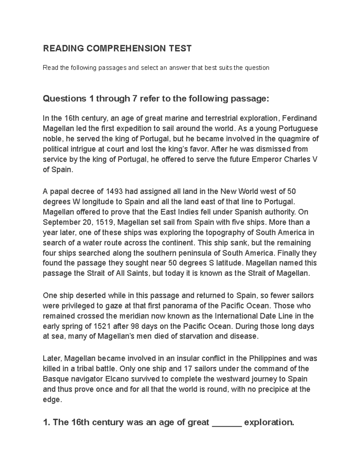 READING COMPREHENSION TEST - Exam for Students - Studocu