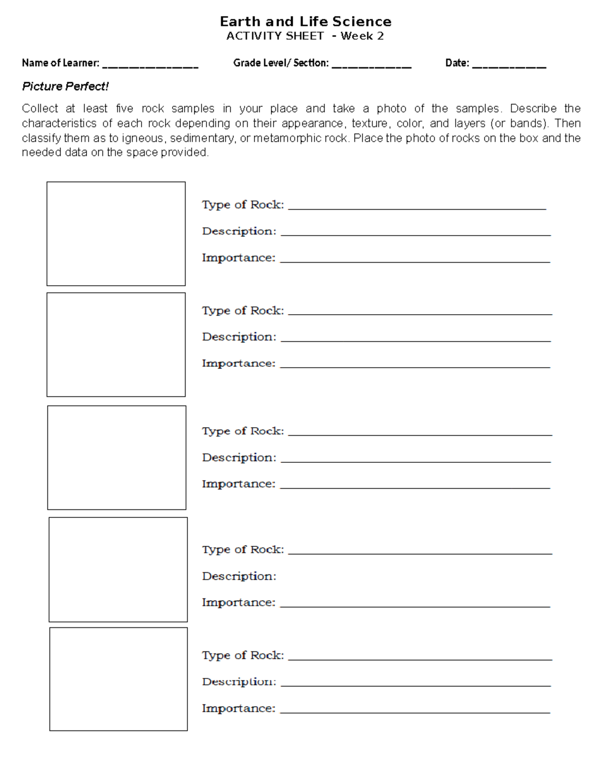 Activity sheet - week 2 - rocks - Earth and Life Science ACTIVITY SHEET ...
