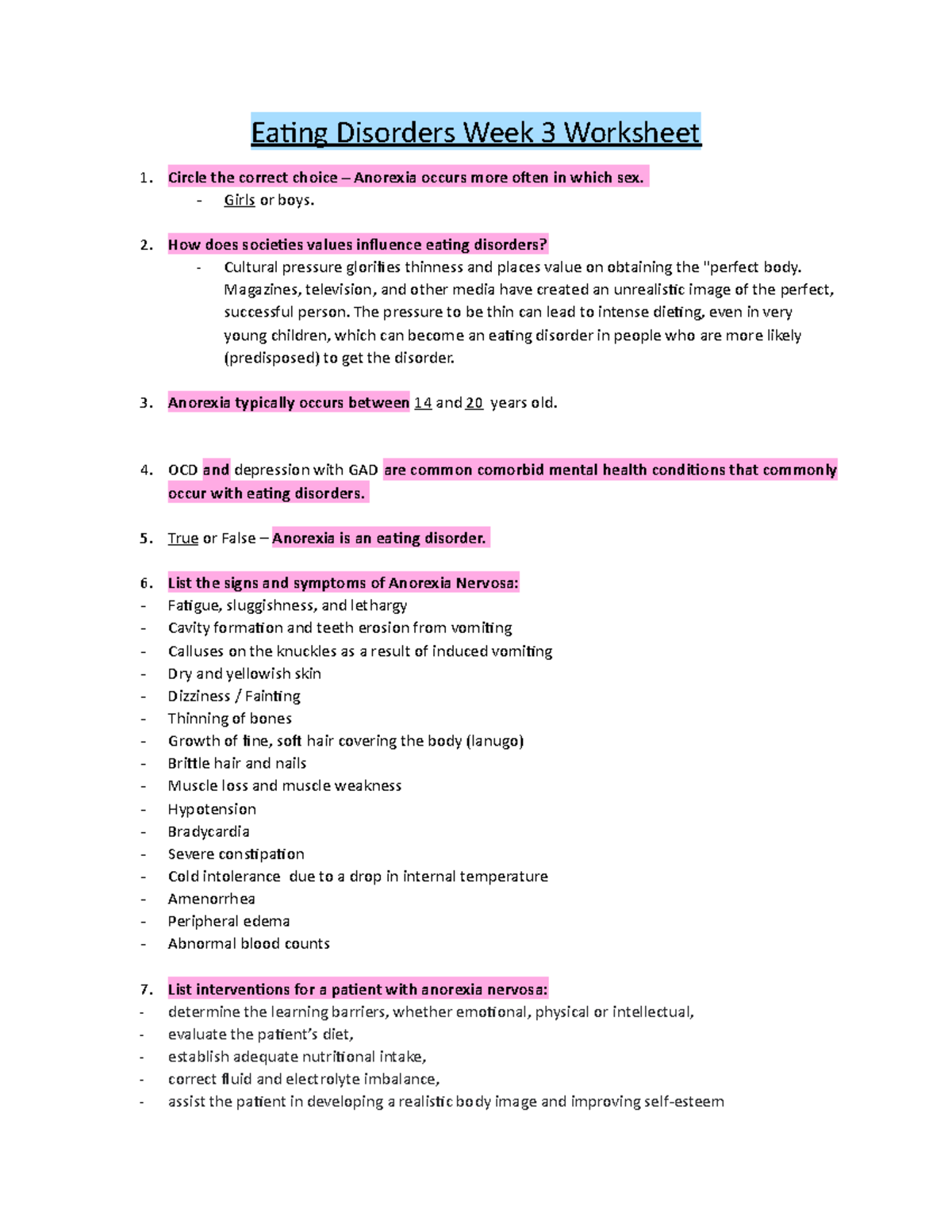 MH - Week 4 Worksheet on Eating Disorders (Completed) - Studocu