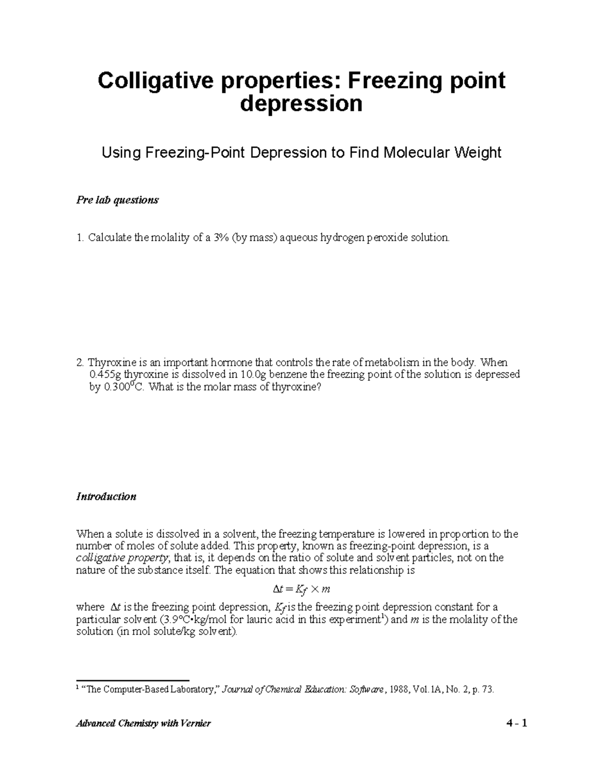 Advanced Chemistry (Chem 101) Lab: Freezing Point Depression Experiment ...