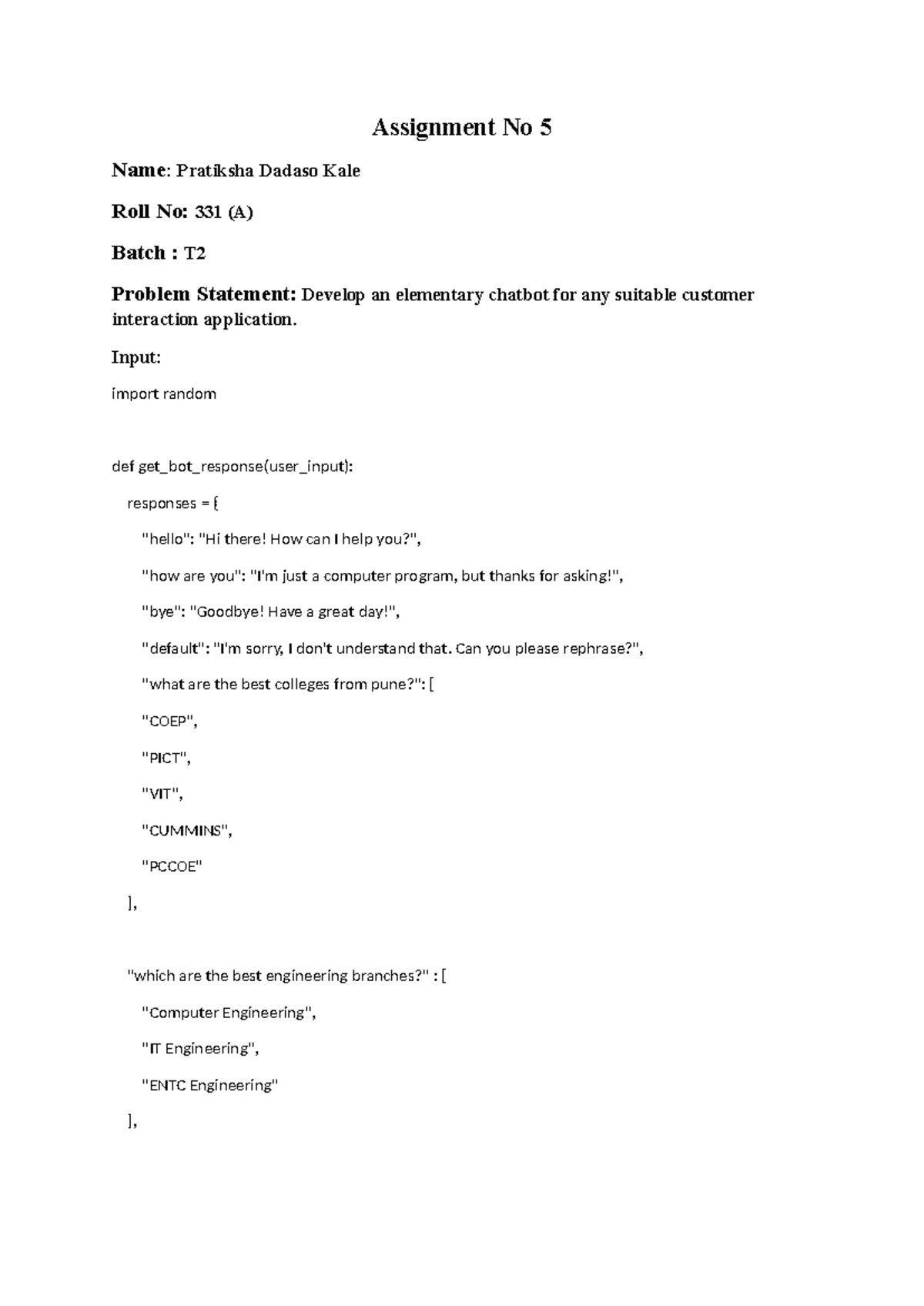 AI Assignment No 5: Developing an Elementary Chatbot - Studocu
