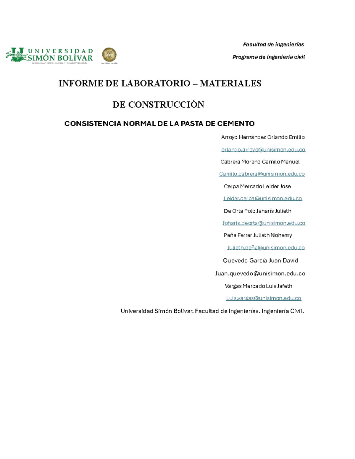 Informe de Laboratorio: Consistencia Normal de la Pasta de Cemento ...