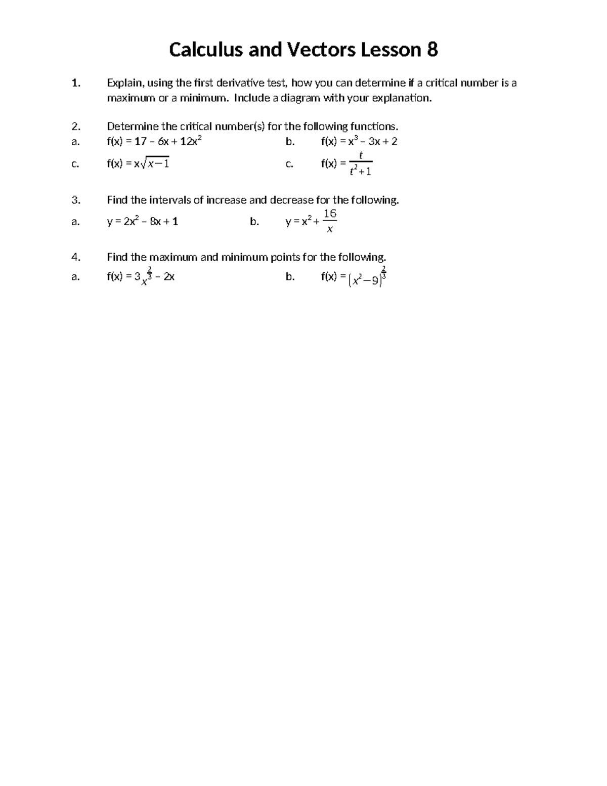 Calculus and Vectors Lesson 8: Critical Numbers & Max/Min Analysis ...