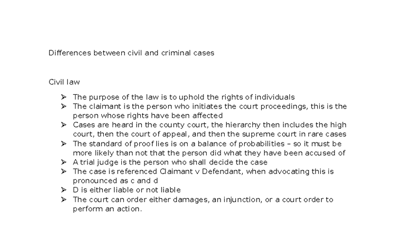 Differences Between Civil and Criminal Cases: OCR A Level Law Notes ...