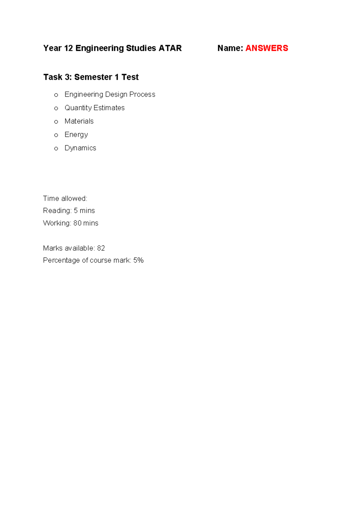 Year 12 Engineering Studies ATAR Semester 1 Test Answers - Studocu